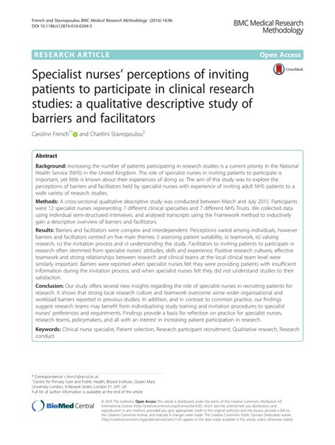 Pdf Specialist Nurses Perceptions Of The Barriers And Facilitators To Inviting Adult Nhs