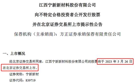 宁新新材5月26日北交所上市 为“北交所特种石墨第一股” 挖贝网 5月23日消息，宁新新材（839719）将于5月26日在北交所上市，同日从新
