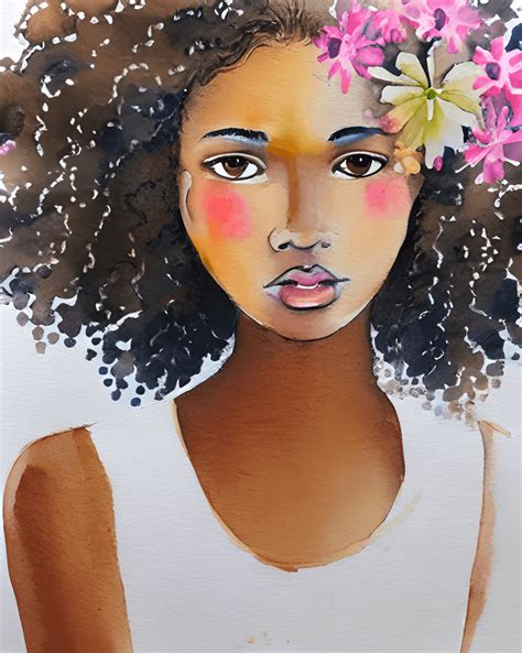 Watercolor Girl With Brown Melanin Skin And Curly Hair With Flowers
