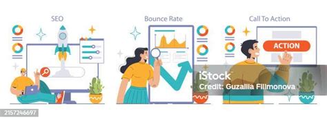 Website Analysis Set Conversion Rate And Traffic Analysis Experts Analyzing Stock Illustration