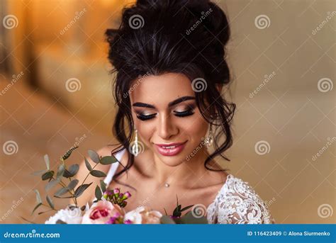 Brunette Bride Portrait Closeup Boudoir Morning Stock Image Image Of