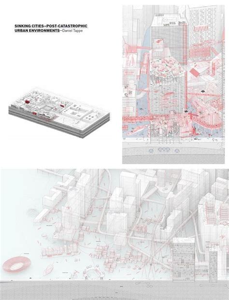 Three Different Views Of An Urban Area With Red And White Lines On The