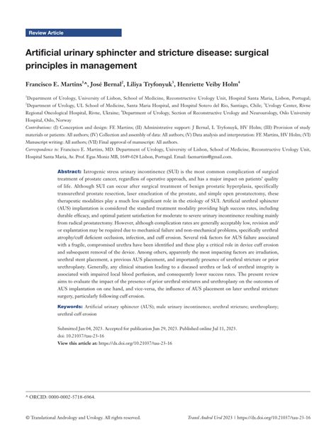 Pdf Artificial Urinary Sphincter And Stricture Disease Surgical