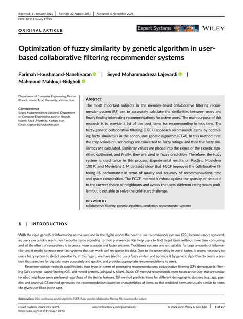 Optimization Of Fuzzy Similarity By Genetic Algorithm In User‐based