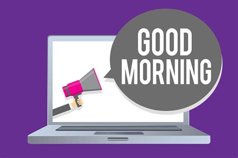 단어 쓰기 텍스트 좋은 아침입니다 회의 또는 아침 남자에에서이 별에 기존의 식에 대 한 비즈니스 개념 들고 확성기 스피커 음성 거품 메시지 크게 말하기 감정에 대한 스톡