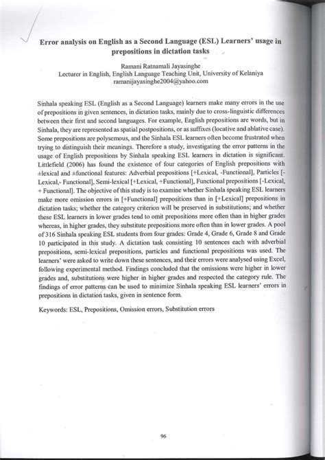 Pdf Error Analysis On English As A Second Language Esl Learners Usage In Prepositions In