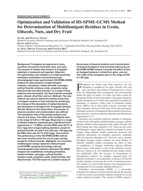 Pdf Optimization And Validation Of Hs Spme Gcms Method For Determination Of Multifumigant