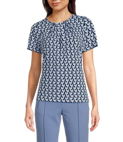 Calvin Klein Petite Size Geo Print Pleated Crew Neck Short Sleeve Cami