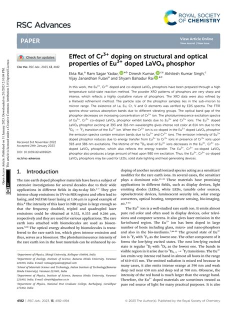 Pdf Effect Of Cr3 Doping On Structural And Optical Properties Of Eu3 Doped Lavo4 Phosphor