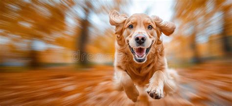 Golden Retriever Running Joyfully Autumn Leaves Vibrant Park Setting ...