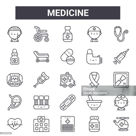 약 윤곽 아이콘 세트입니다 환자 드롭퍼 분홍색 리본 박격포 알약 기침 시럽 헬리콥터 알약과 같은 얇은 라인 아이콘이 포함되어 있습니다 보고서 프레젠테이션 다이어그램 웹 및