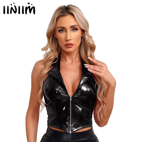 Womens Glossy Patent Leather Latex Vest Tops Rave Outfit Clubwear