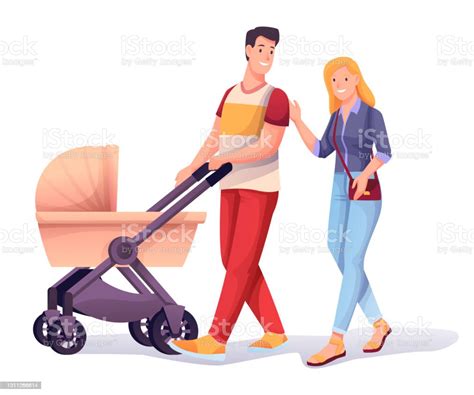 유모차 산책 장면과 커플 아기 벡터 일러스트와 함께 가는 가방젊은 행복 미소 남자와 여자 활성 레크리에이션 장면 흰색 배경에 고립 된 가족 사람들에 대한 스톡 벡터 아트 및