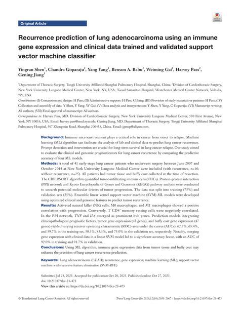 Pdf Recurrence Prediction Of Lung Adenocarcinoma Using An Immune Gene