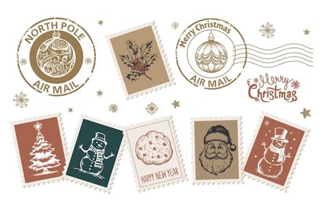 Conjunto De Sellos De Navidad Dibujados A Mano Vector Vector Premium