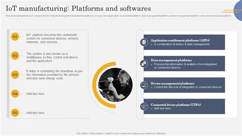 Iot In Manufacturing Industry Iot Manufacturing Platforms And Softwares Iot Ss V Ppt Template