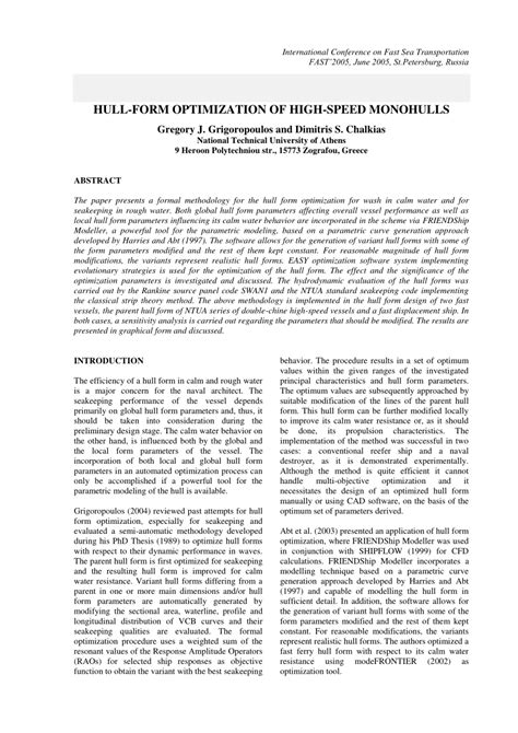 Pdf Hull Form Optimization Of High Speed Monohulls
