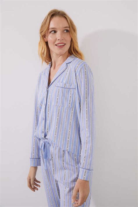 Pijama Camisera 100 Algodón Rayas Azules Pijamas Para Mujer