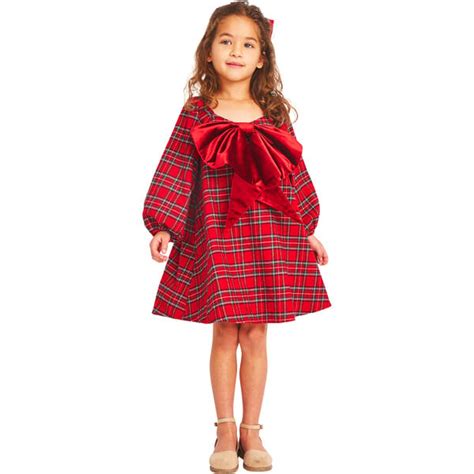 Blair Tartan Short Puff Sleeve Off Shoulder Dress Red Floraison Lane