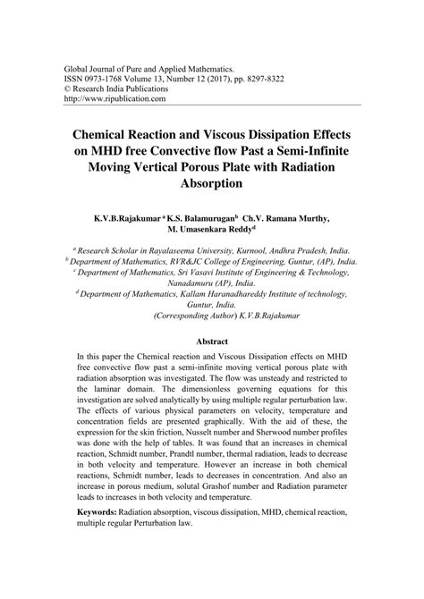 Pdf Chemical Reaction And Viscous Dissipation Effects On Mhd Free Convective Flow Past A Semi
