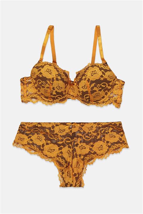 French Affair Women 2 Piece Padded Push Up Bra With Panties Orange