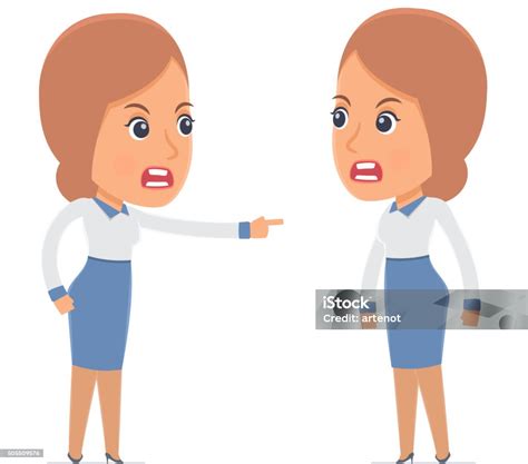 Angry 문자 컨설턴트 여자아이 업무의 직권 남용 사례 적발 및 Accuses 그의 동반자 경영자에 대한 스톡 벡터 아트 및