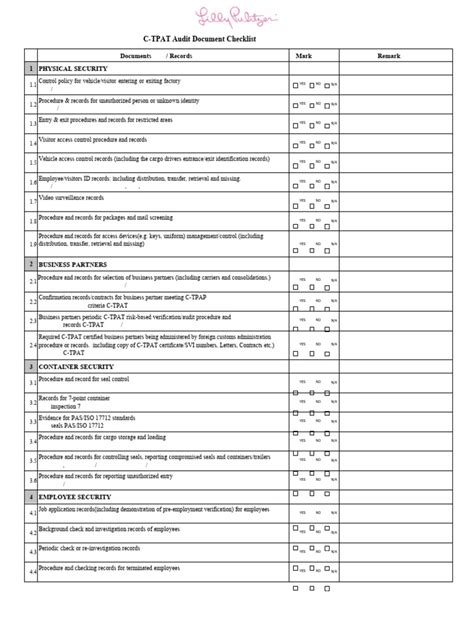Lilly Pulitzer C Tpat Audit Document Checklist 2012 Pdf Computer