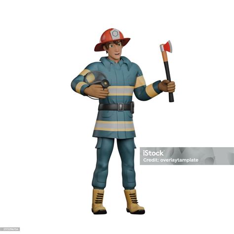 소방 전문 남성 한 손에는 도끼를 다른 한 손에는 소방관의 헬멧을 들고 서 있는 소방관 3d 소방관 만화 구조에 대한 스톡 사진 및 기타 이미지 Istock