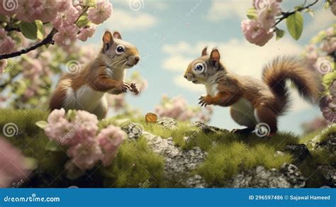 A Pair Of Playful Squirrels Chasing Each Other Through A Blossoming