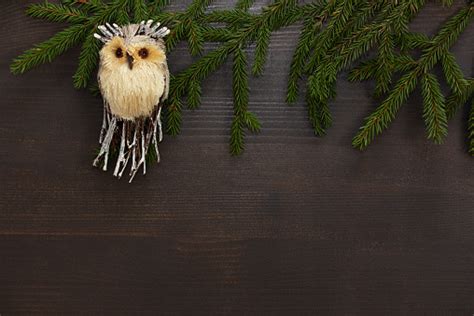 크리스마스 배경입니다 나무 갈색 배경에 녹색 전나무 가지가있는 장난감 올빼미 크리스마스 장난감입니다 크리스마스 텍스트에 대 한 프레임입니다 맨 위 보기 공간을 복사합니다