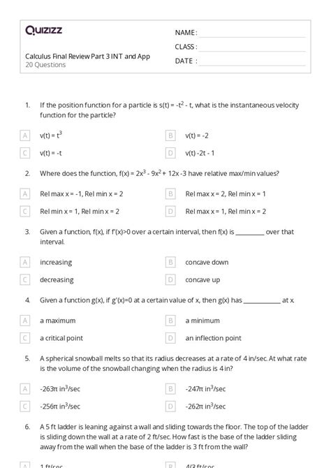 Integral Calculus Worksheets For Th Class On Quizizz Free Printable