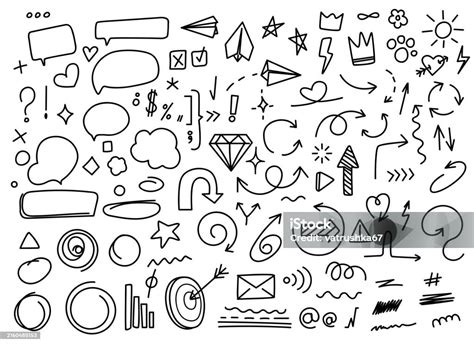 Doodle 요소 밑줄 화살표 및 말풍선 다이아몬드 및 종이 비행기를 스케치합니다 손으로 그린 브러시 스트로크 하이라이트 크라운과 별 반짝임 벡터 세트 낙서 드로잉에 대한