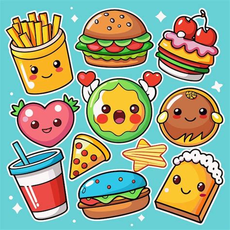 귀여운 만화 음식 스티커 프리미엄 벡터