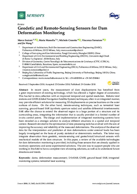 Pdf Geodetic And Remote Sensing Sensors For Dam Deformation Monitoring