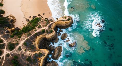 Aerial View Of A Coastal Landscape Featuring Rugged Cliffs With Distinctive Erosion Stock