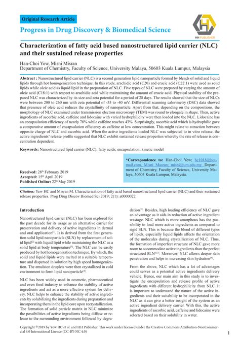 Pdf Characterization Of Fatty Acid Based Nanostructured Lipid Carrier Nlc And Their