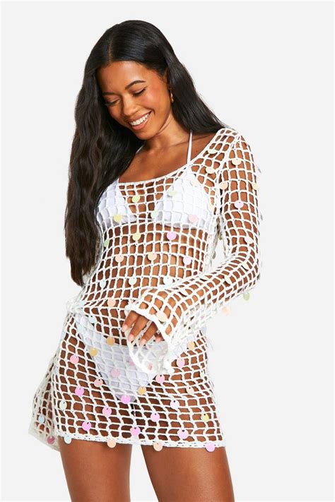 Crochet Disk Sequin Beach Mini Dress Boohoo Uk