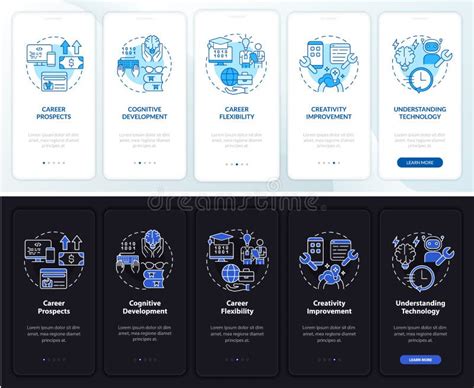 Why To Learn To Code Night And Day Mode Onboarding Mobile App Screen Stock Vector Illustration
