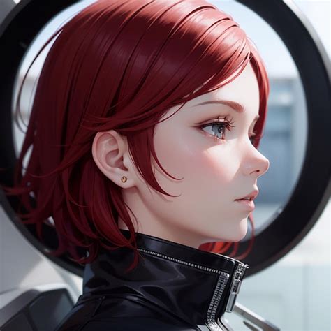Premium Ai Image Cute Girl Red Short Hair Anime Scifi Background