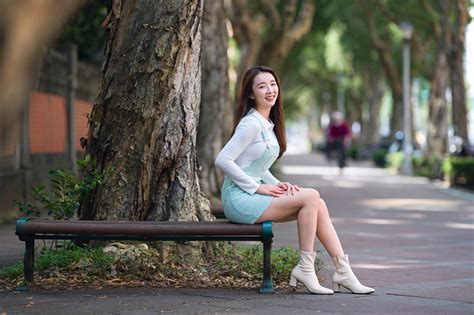 Image Smile Blouse Girls Legs Asian Bench Sitting Gown