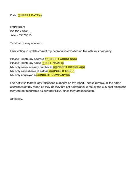 Experian Update Personal Information Letter Pdf