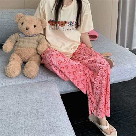 여름신상추리닝 하트 패턴 플리츠 일자 밴딩바지 쿨 냉장고 드레이프 핑크 와이드팬츠 트레이닝 데일리 코디