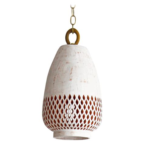 Small White Ceramic Pendant Light Brushed Brass Diamantes Atzompa