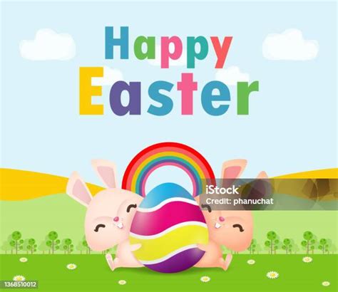 해피 부활절 날 포스터 인사말 카드가 그려진 달걀을 곁들인 리틀 래빗 토끼 토끼와 잔디에 달걀 부활절 축제 배경 배너 템플릿 고립 된 벡터 일러스트 0명에 대한 스톡 벡터