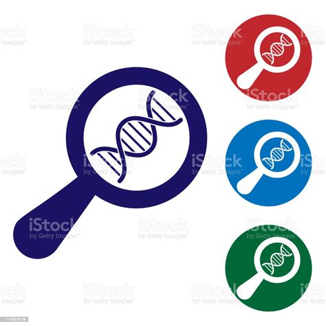 블루 Dna 연구 흰색 배경에 고립 된 검색 아이콘 확대경 및 Dna 체인 유전 공학 클로닝 친자 확인 검사 원 버튼의 색상 아이콘을 설정 합니다 벡터 일러스트 0명에 대한