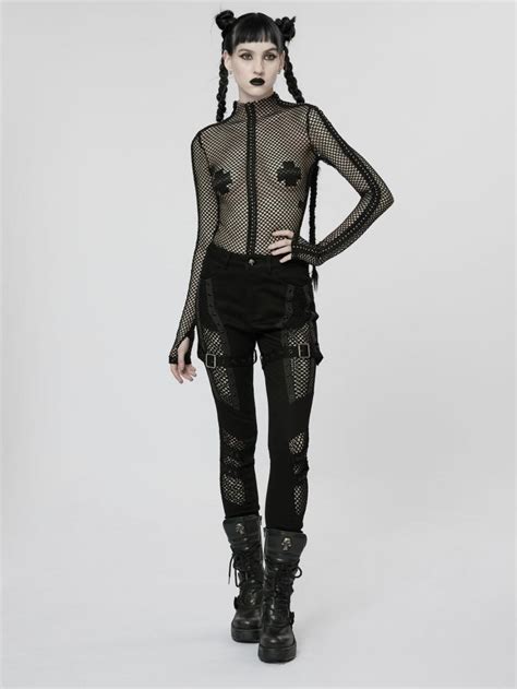 Black Mesh Splicing Tight Pants Detachable Leg Loops