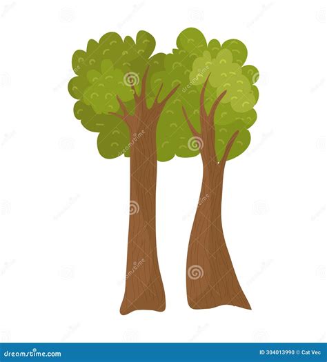 Two Cartoon Trees With Lush Green Canopies And Detailed Brown Trunks