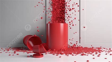 방 주위에 떨어지는 색종이 조각이 있는 빨간색 컨테이너 떨어지는 붉은 색종이 모형과 흰색 벽에 3d 렌더링 빨간색 실린더 제품 디스플레이 연단 고화질 사진 사진 배경