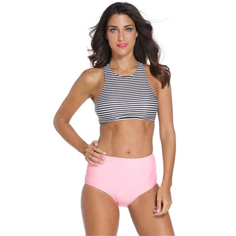 Cfanny Women Plus Size Swimwear Sexy Striped Tank Top And High Waisted Bottom Bikini Set