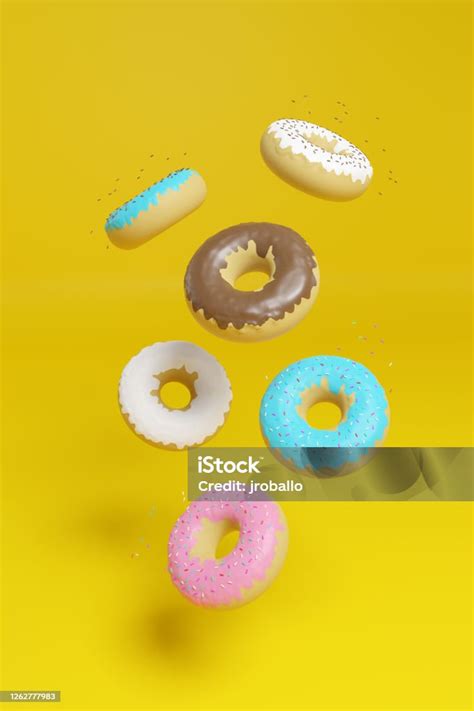 노란 배경에 고립 된 공기에 떠있는 도넛 3d 일러스트레이션 3차원 형태에 대한 스톡 사진 및 기타 이미지 3차원 형태 도넛 먹기 Istock